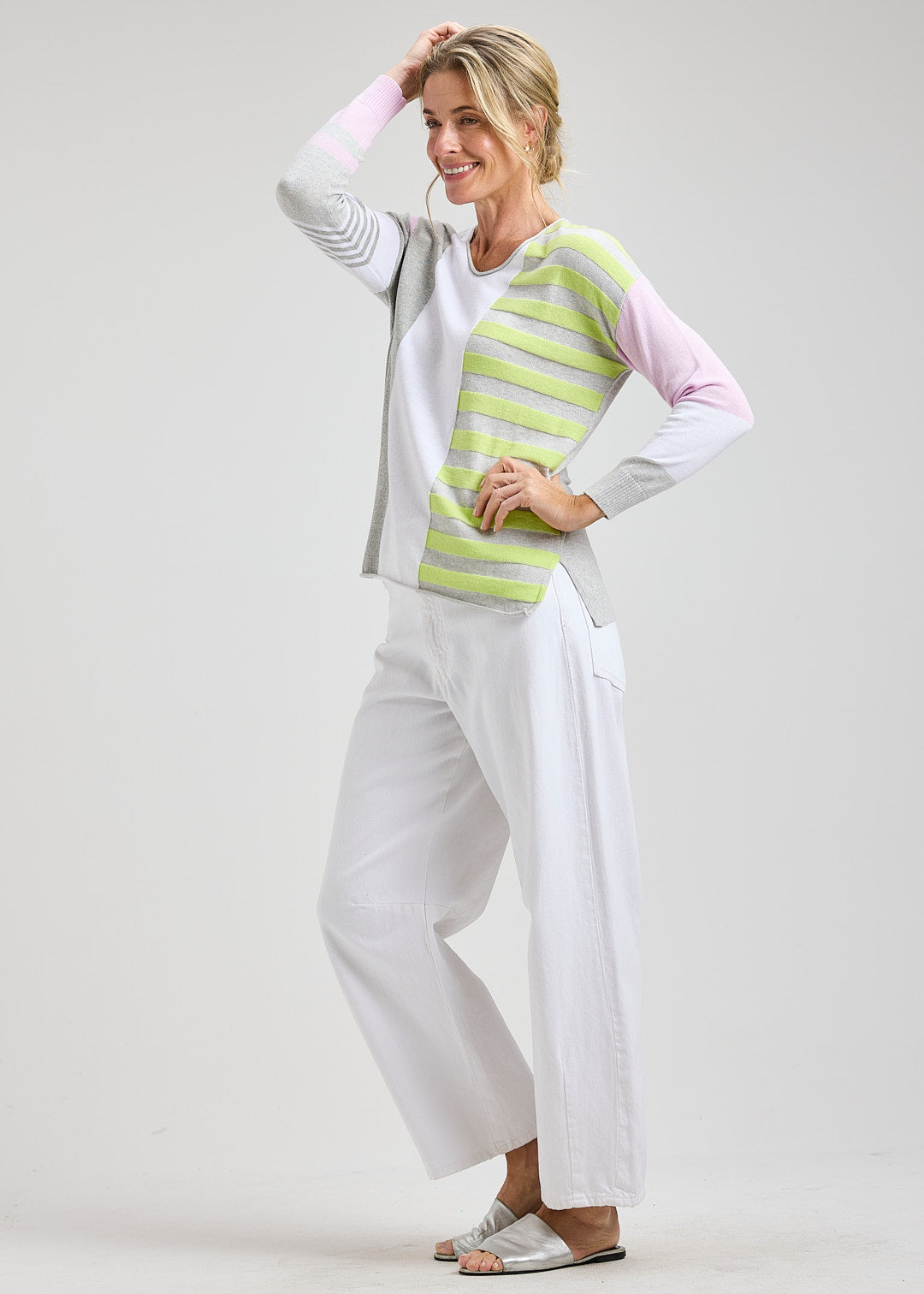 Marlene Lightweight White and grey with lime green accent Sweater ...