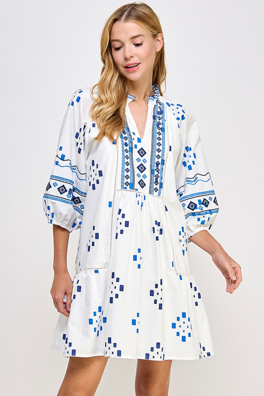 Abby Blue and White Embroidered 3/4 Sleeve Dress – Christy M Boutique ...
