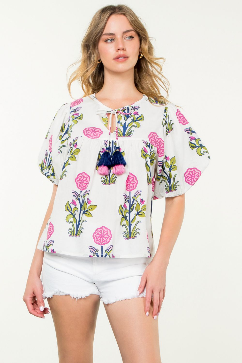 Charlie Pink and Green Floral Tassel Tie Top – Christy M Boutique 6700 ...